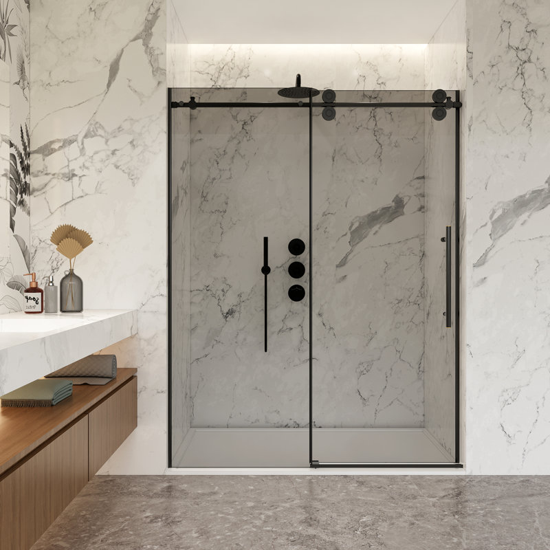 Vinnova Echarri 60" W x 78" H Single Sliding Frameless Shower Door in Matte Black | Wayfair